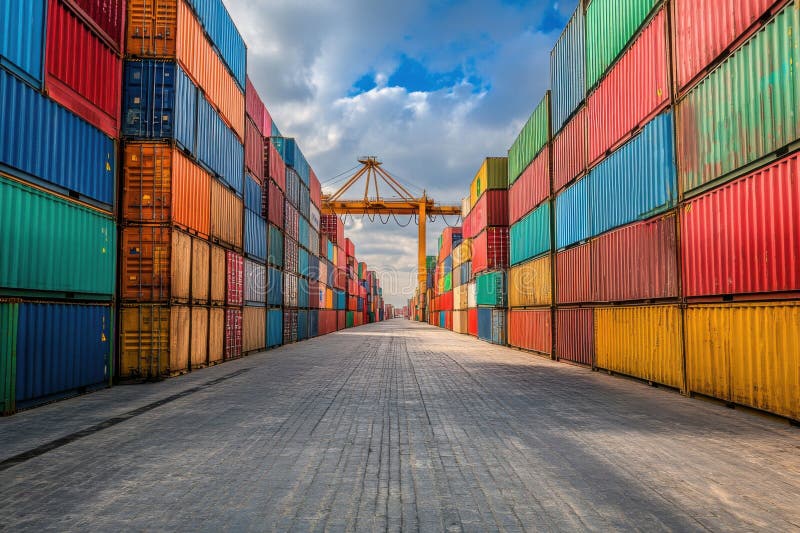 Colorful Shipping Containers Stacked in a Busy Industrial Port Yard ...