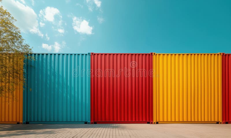 Colorful Shipping Containers Against Bright Blue Sky with Scattered ...
