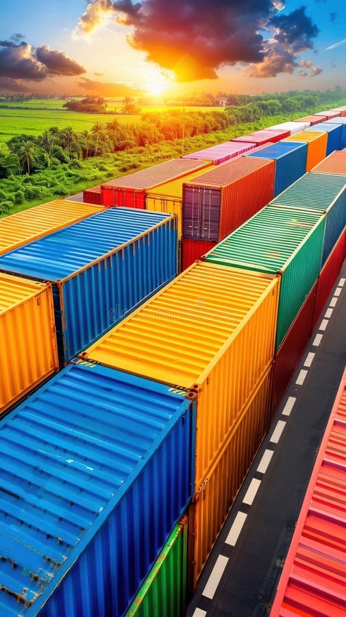 Colorful Shipping Containers Aligned in Multiple Rows Under a Dramatic ...