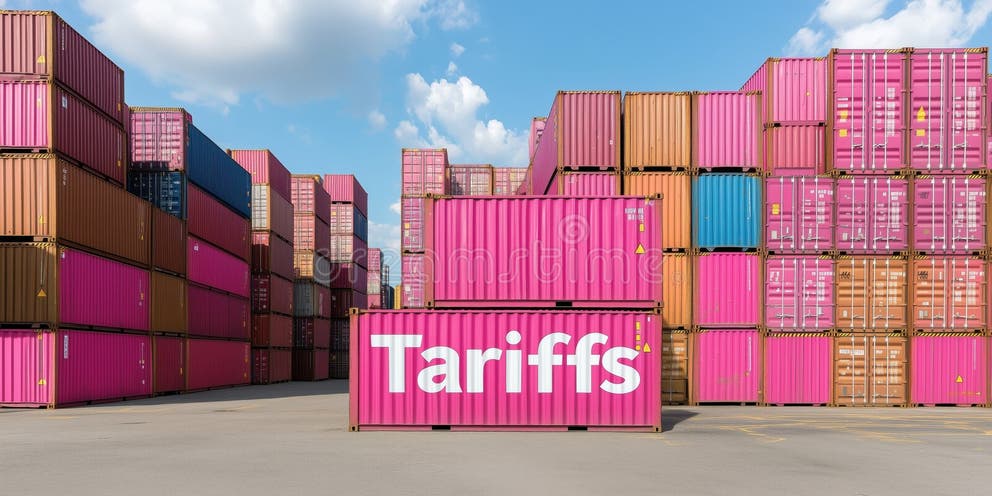 Colorful Shipping Containers with Bold Tariffs Text in Port Setting ...