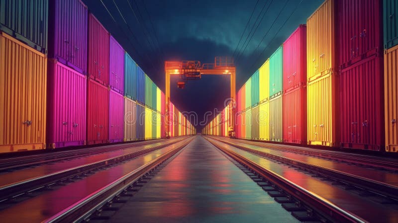 Colorful Shipping Containers Lined Up on Train Tracks at Night Stock ...