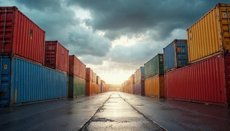 Colorful Shipping Containers Lined Up Under Beautiful Sunset Stock ...