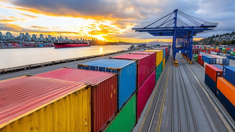 Colorful Shipping Containers at Port during Sunset Stock Illustration ...