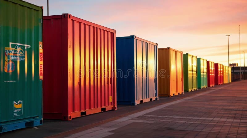Colorful Shipping Containers Reflecting the Warm Light of the Setting ...