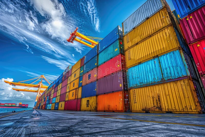 Colorful Shipping Containers Stacked Dock Ready Transportation Storage ...