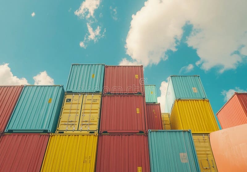 Colorful Shipping Containers Stacked High Against a Blue Sky with ...