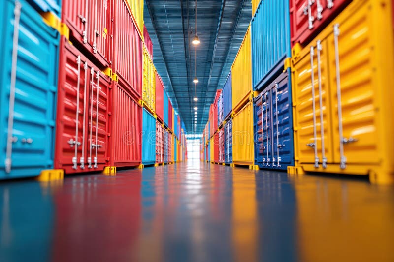 Colorful Shipping Containers are Stacked in Modern Warehouse, Creating ...