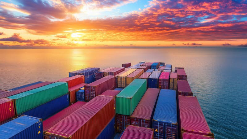 Colorful Shipping Containers at Sunset Over Ocean Stock Photo - Image ...