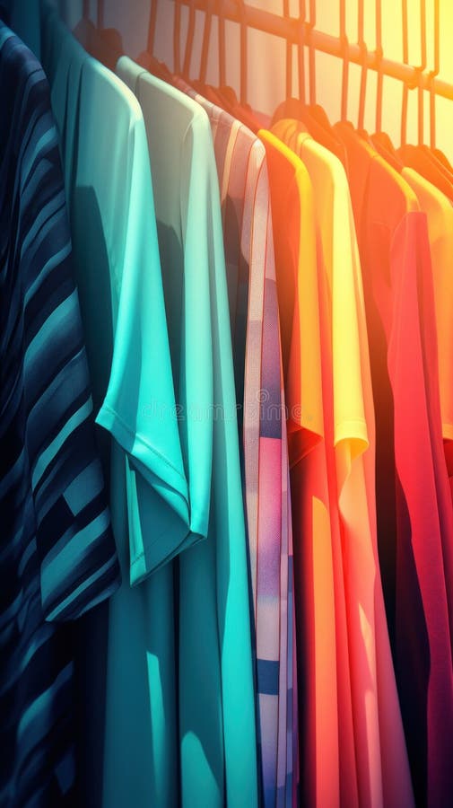 Colorful Shirts Hanging on a Rack in Front of the Sun, AI Stock Photo ...