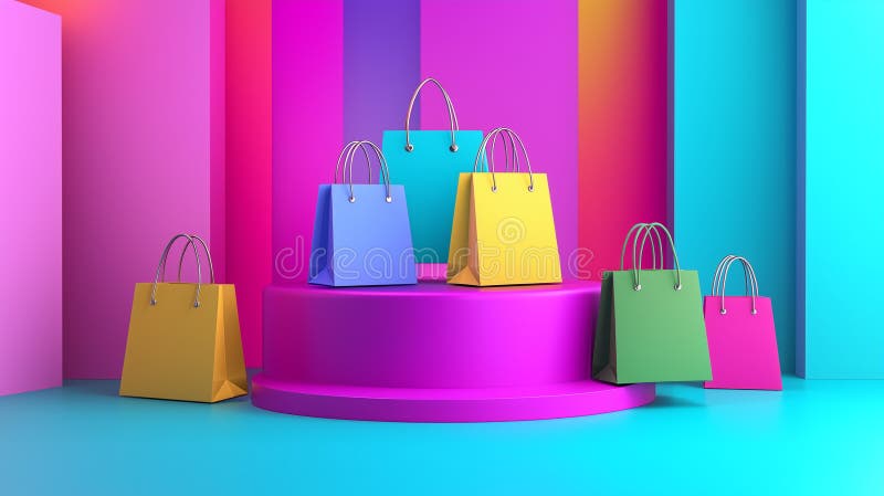 Colorful Shopping Bags Arranged Creatively on a Bright Display Stage ...
