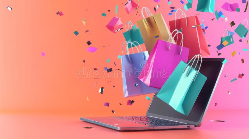 Colorful Shopping Bags Falling on a Laptop Stock Illustration ...