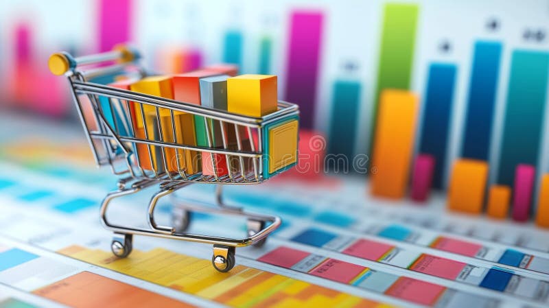 Colorful Shopping Cart on Data Charts Stock Illustration - Illustration ...