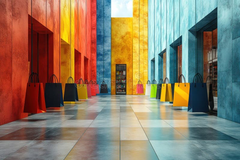 Colorful Shopping Mall Corridor with Bags in Front of the Store Doors ...