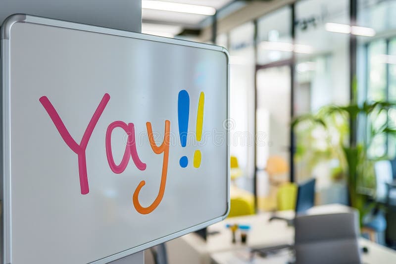 Colorful Sign with the Word Yay! in an Office Setting Stock ...