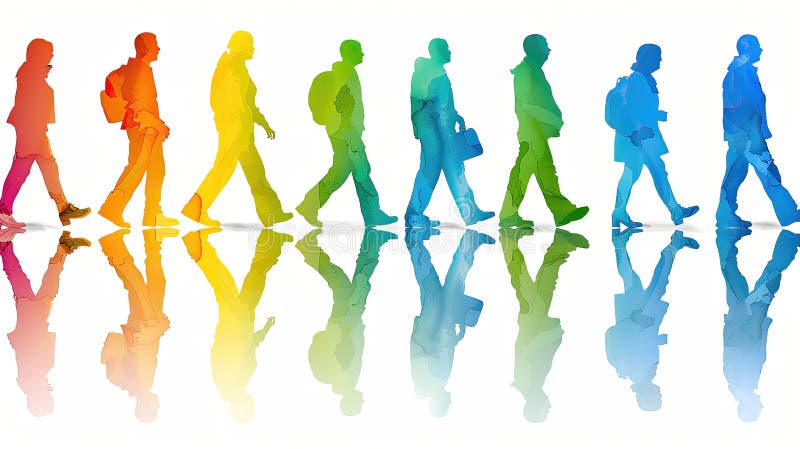 Colorful Silhouettes of People Walking with Reflections. Stock ...