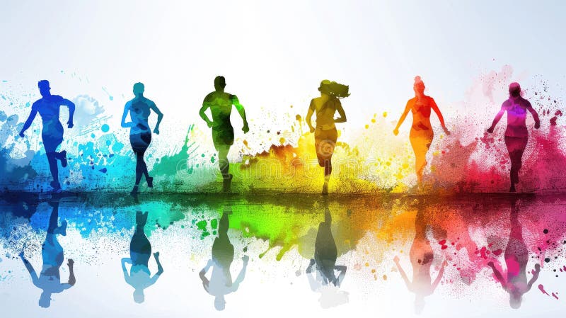 Colorful Silhouettes of Runners with Paint Splash Effects. Stock Image ...