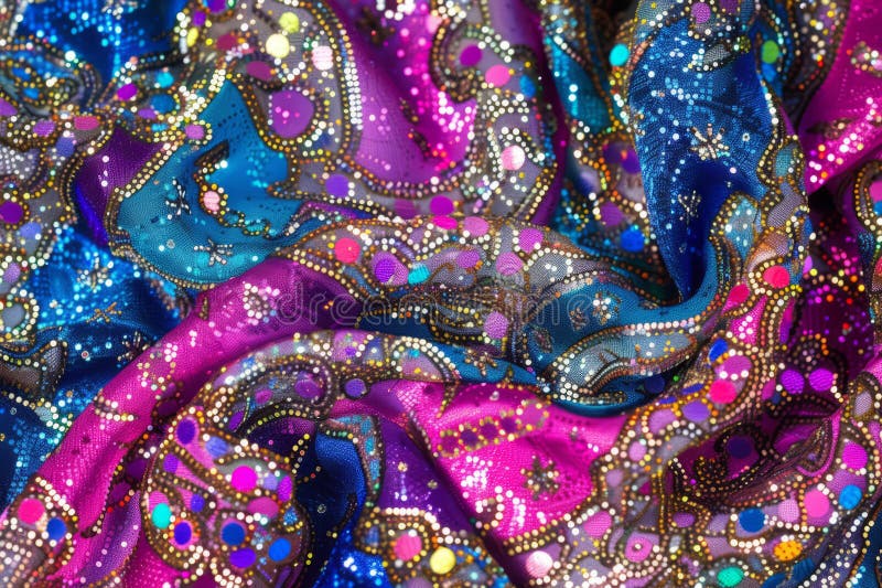 Colorful Silk Fabric with Patterns, Shimmer and Sequins. Generative AI ...