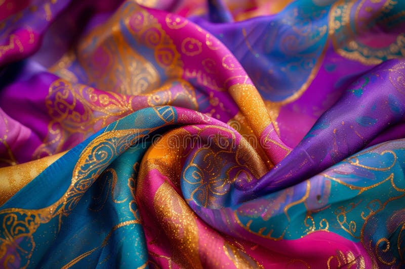 Colorful Silk Fabric with Patterns, Shimmer and Sequins. Generative AI ...