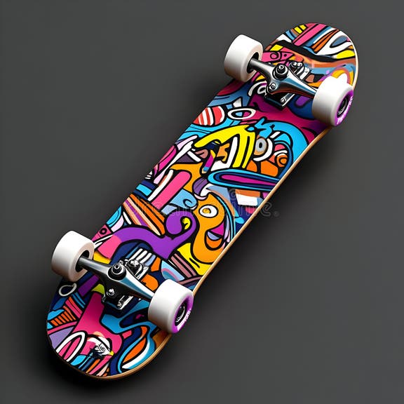 A Colorful Skateboard Featuring Abstract Designs and Vibrant Patterns ...