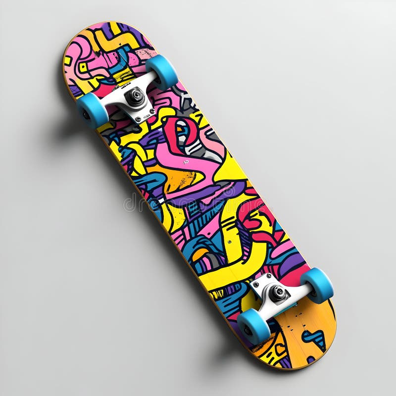 A Colorful Skateboard Featuring Abstract Designs and Vibrant Patterns ...
