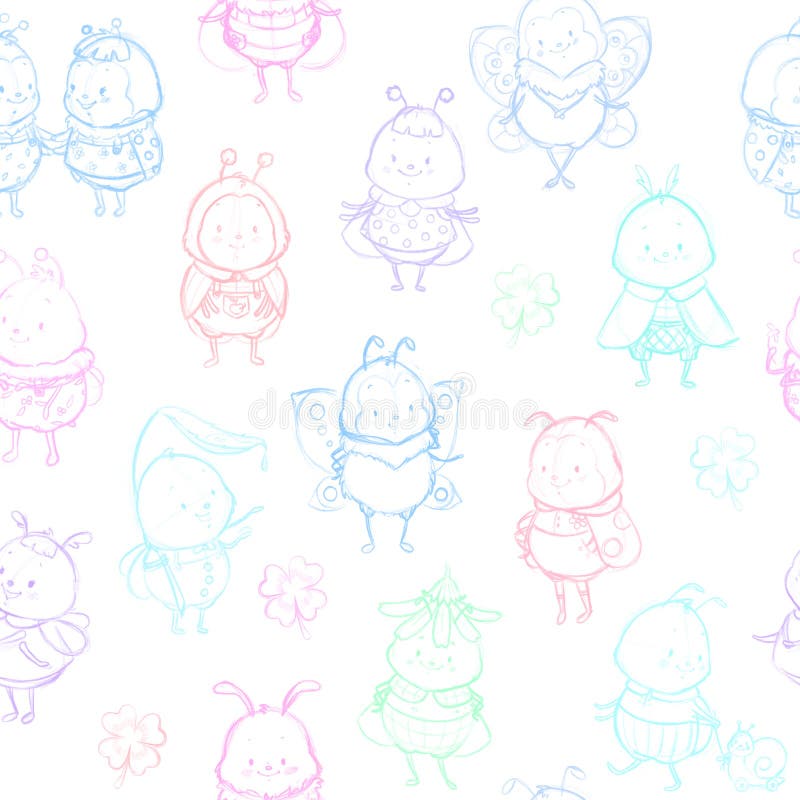 A Colorful Sketching Pattern of Cute Little Beetles and Flies Stock ...