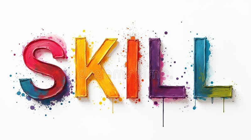 Colorful Skill Text Artwork with Vibrant Paint Splashes on White ...