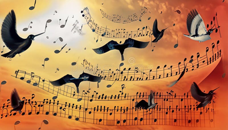 Colorful Sky with Clouds with Bird and Musical Notes Stock Illustration ...