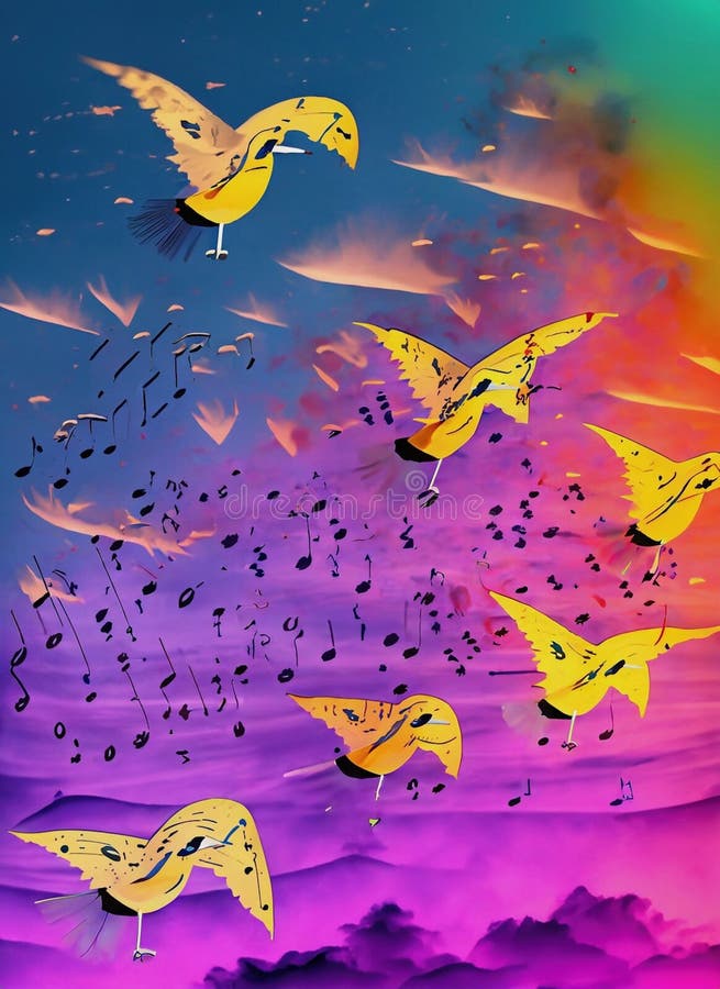 Colorful Sky with Clouds with Bird and Musical Notes Stock Photo ...