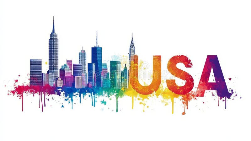 Colorful Skyline Illustration of USA with Vibrant Paint Splashes Stock ...