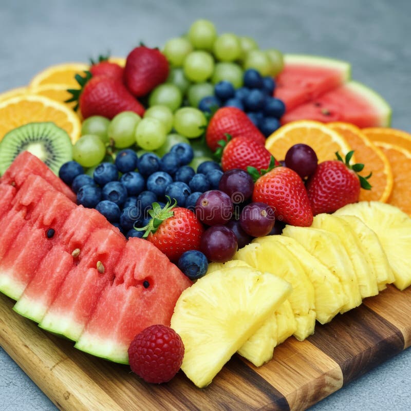 Colorful Sliced Fruit Platter on Wooden Board Stock Illustration ...