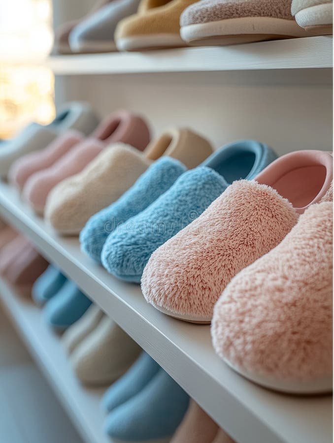 Colorful Slippers Displayed on a Shelf in Soft, Warm Materials. Stock ...