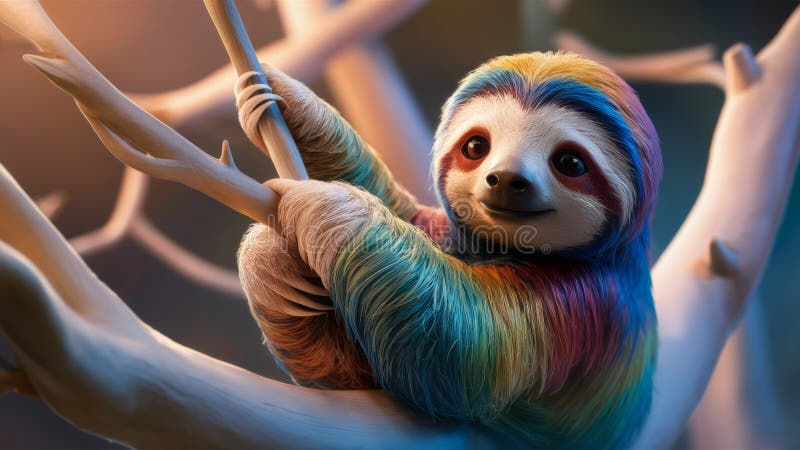 A Colorful Sloth is Sitting on a Branch in the Tree, AI Stock ...