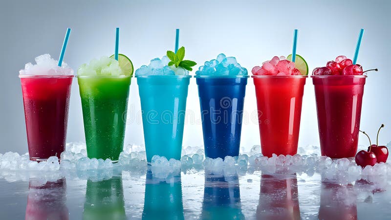 Colorful Slush Drinks in Clear Plastic Cups. Refreshing and Cooling ...