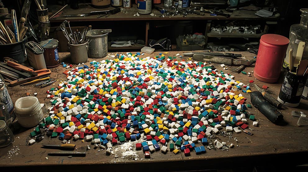 Colorful Small Cubes Scattered on a Cluttered Workshop Table Stock ...