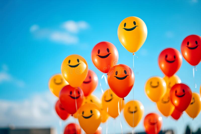 Colorful Smiley Face Balloons Floating in a Sunny Sky Stock ...