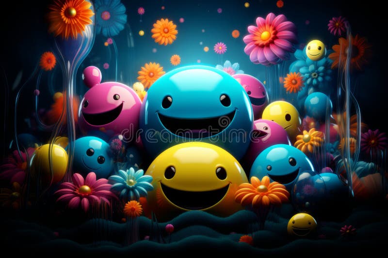 Colorful Smiley Faces and Flowers in a Dark Background Stock ...