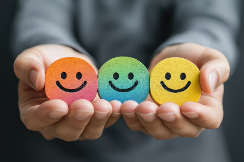 Colorful Smiley Faces in Hands Symbolize Positivity and Support Stock ...