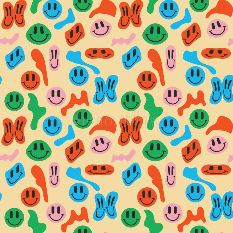 Colorful Smiley Faces on Yellow Background, Seamless Pattern Stock ...