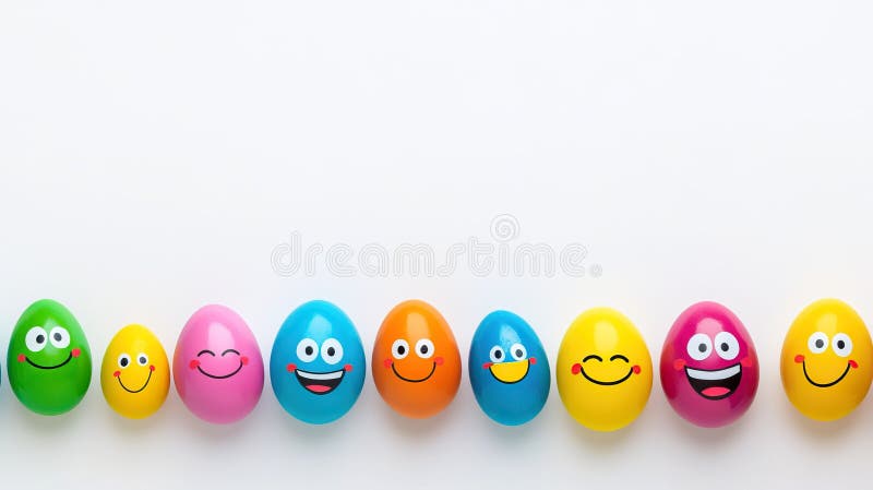 Colorful Smiling Easter Eggs in a Row on White Background for Happy ...