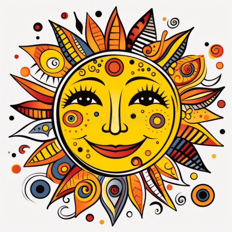 Colorful Smiling Sun with Expressive Linework and Folk Art Doodle Stock ...