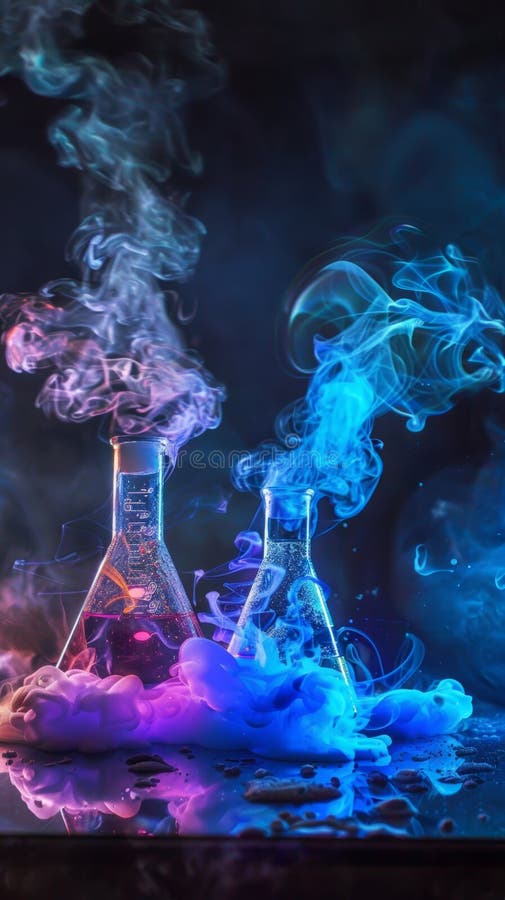 Colorful Smoke from Chemical Reaction in Laboratory Flasks Stock Photo ...