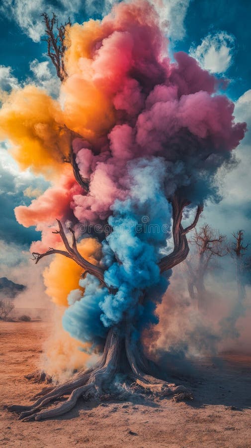 Colorful Smoke Explosion Around Dead Tree in Desert Landscape Stock ...