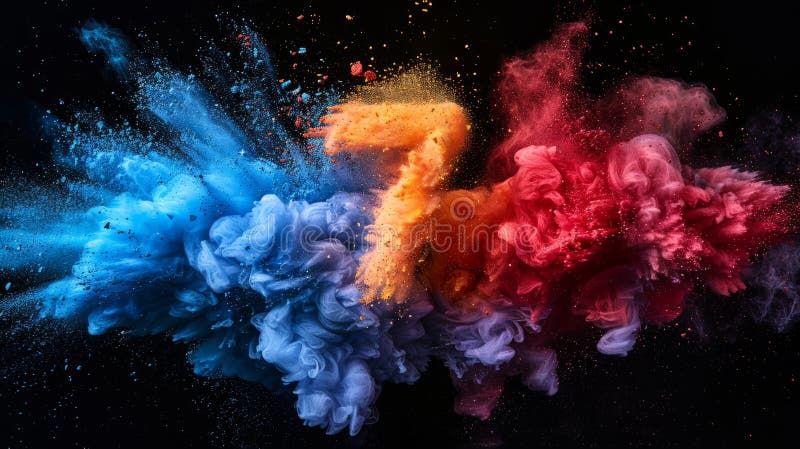 Colorful Smoke Explosion Creating a Vibrant Number Seven Against a Dark ...