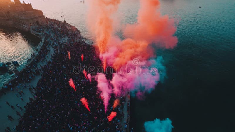 Colorful Smoke Plumes Over Crowd by Waterfront Building Stock ...