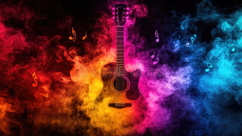 Colorful Smoke Surrounding Acoustic Guitar with Musical Notes Stock ...