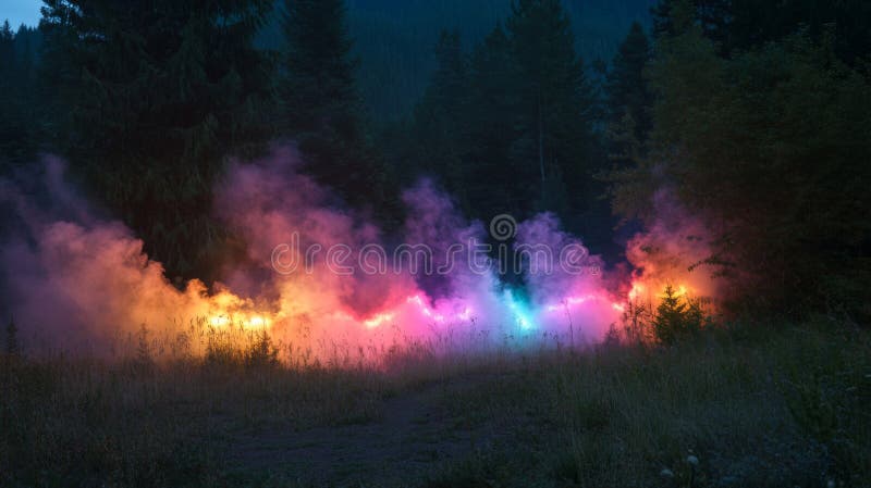 Colorful Smoke Trails in a Dark Forest at Night Stock Illustration ...