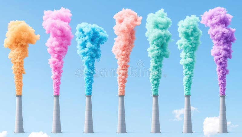 Colorful Smokestacks Releasing Vibrant Smoke into a Clear Blue Sky ...