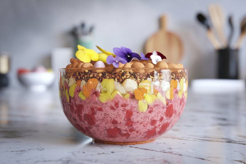 Colorful Smoothie Bowl with Edible Flowers and Nuts on Marble Kitchen ...