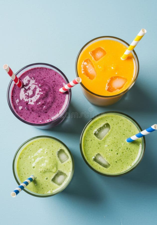 Colorful Smoothies in Glasses on Blue Background Stock Illustration ...