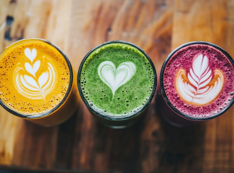 Colorful Smoothies and a Matcha Latte on a Wooden Surface Stock ...